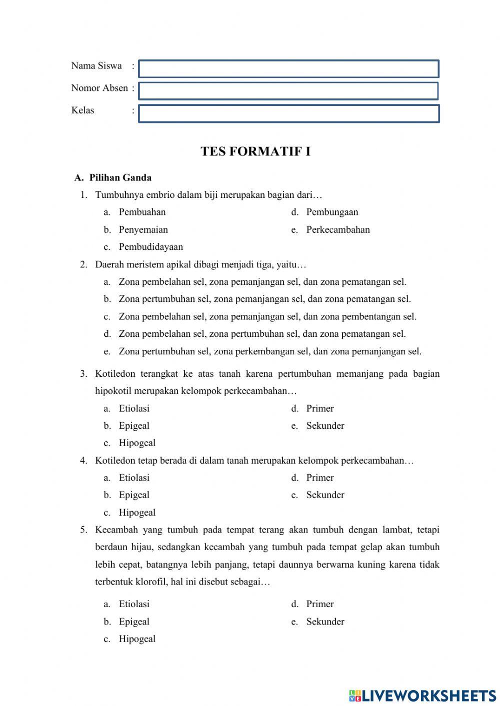 Tes Formatif 1 online activity | Live Worksheets