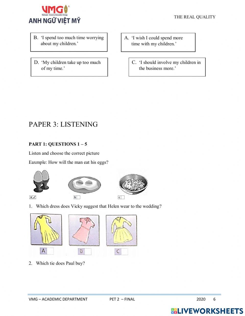 READING - FINAL PET 2 online exercise for | Live Worksheets