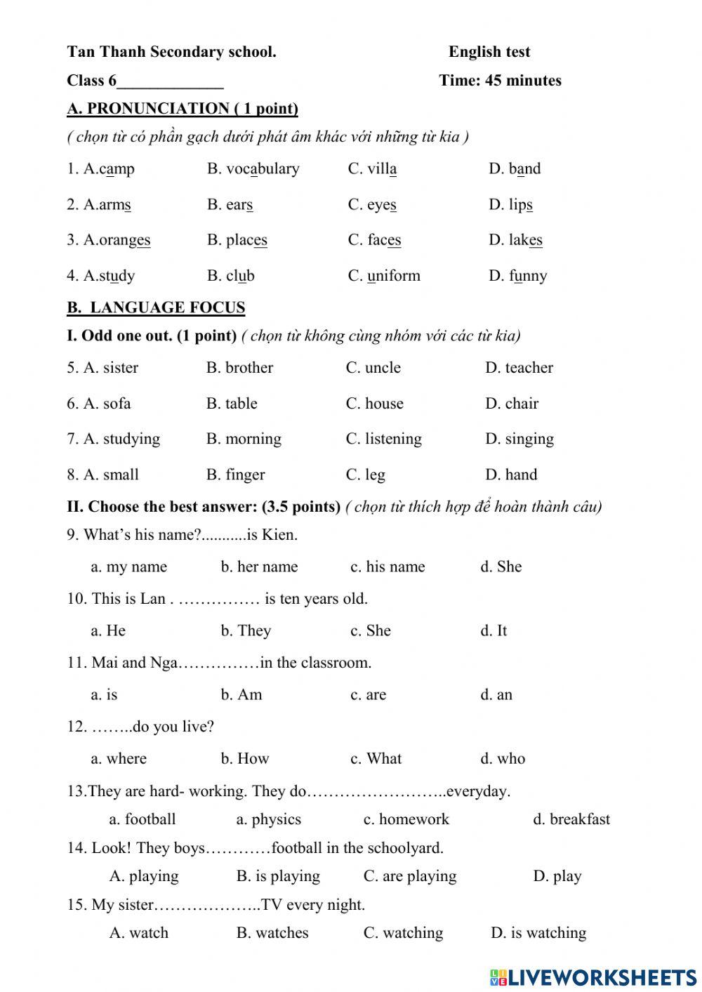 Mid- semester English test worksheet | Live Worksheets