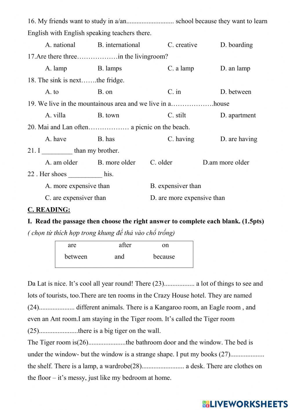 Mid- semester English test worksheet | Live Worksheets