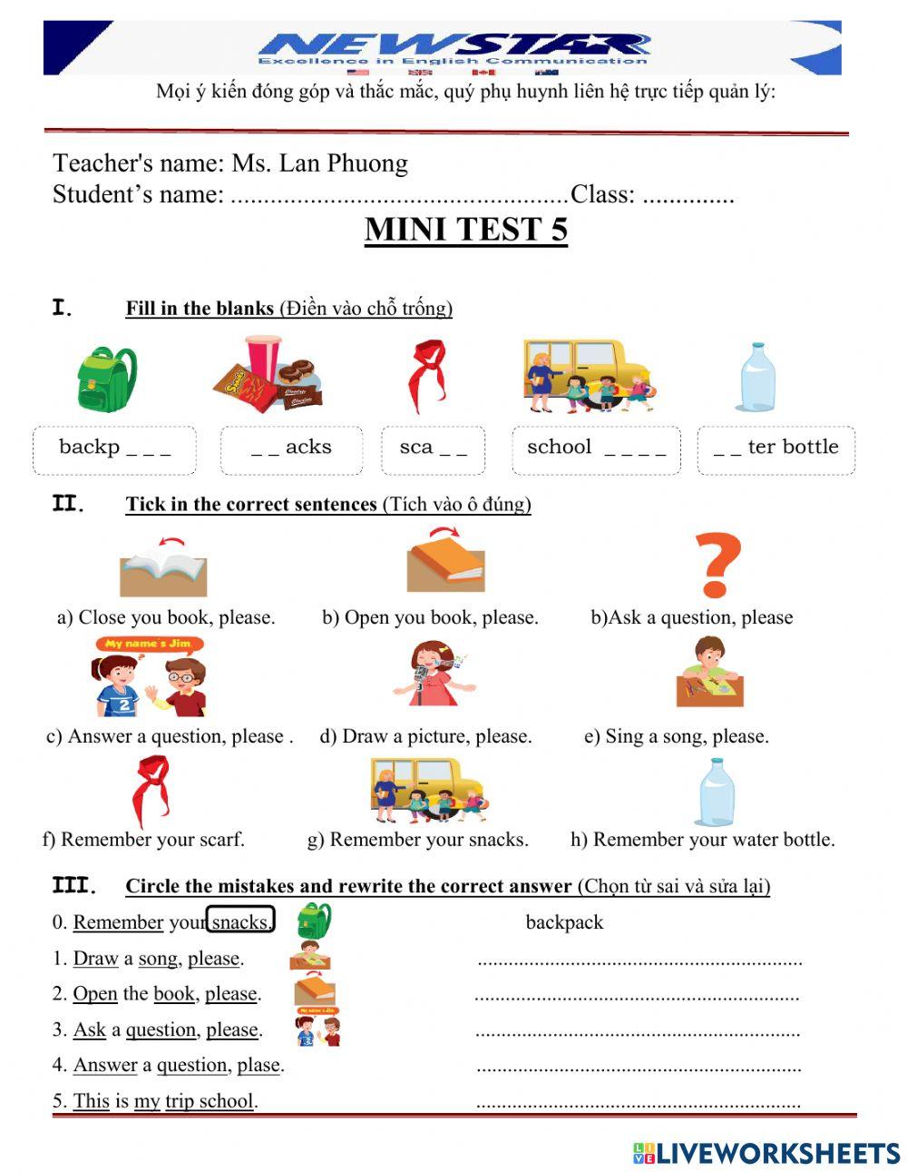 MINI TEST 5 GRADE 3 1748796 | lanphuongphan | Live