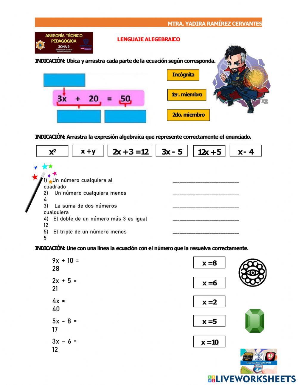 Lenguaje algebraico free online activity | Live Worksheets