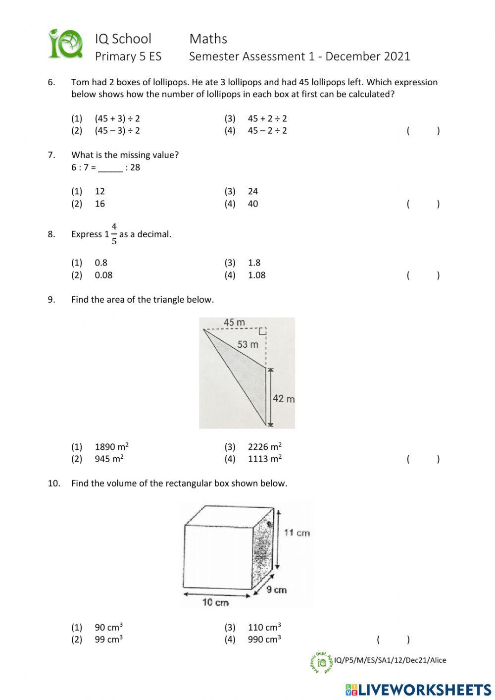 Maths Primary 5… | Free Interactive Worksheets | 4213217