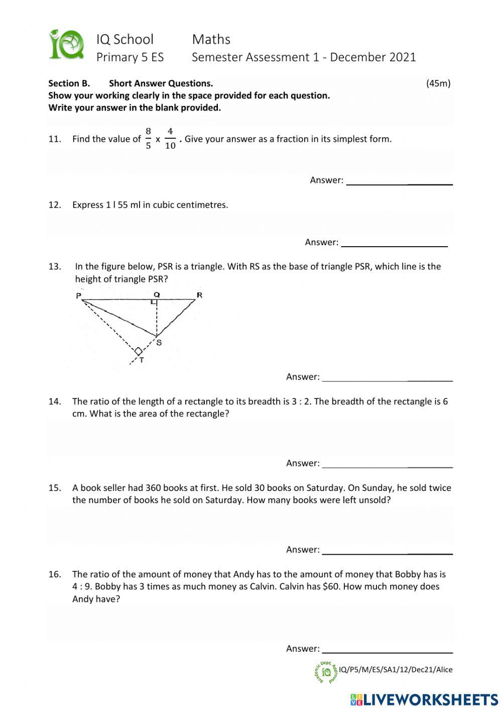 Maths Primary 5… | Free Interactive Worksheets | 4213217