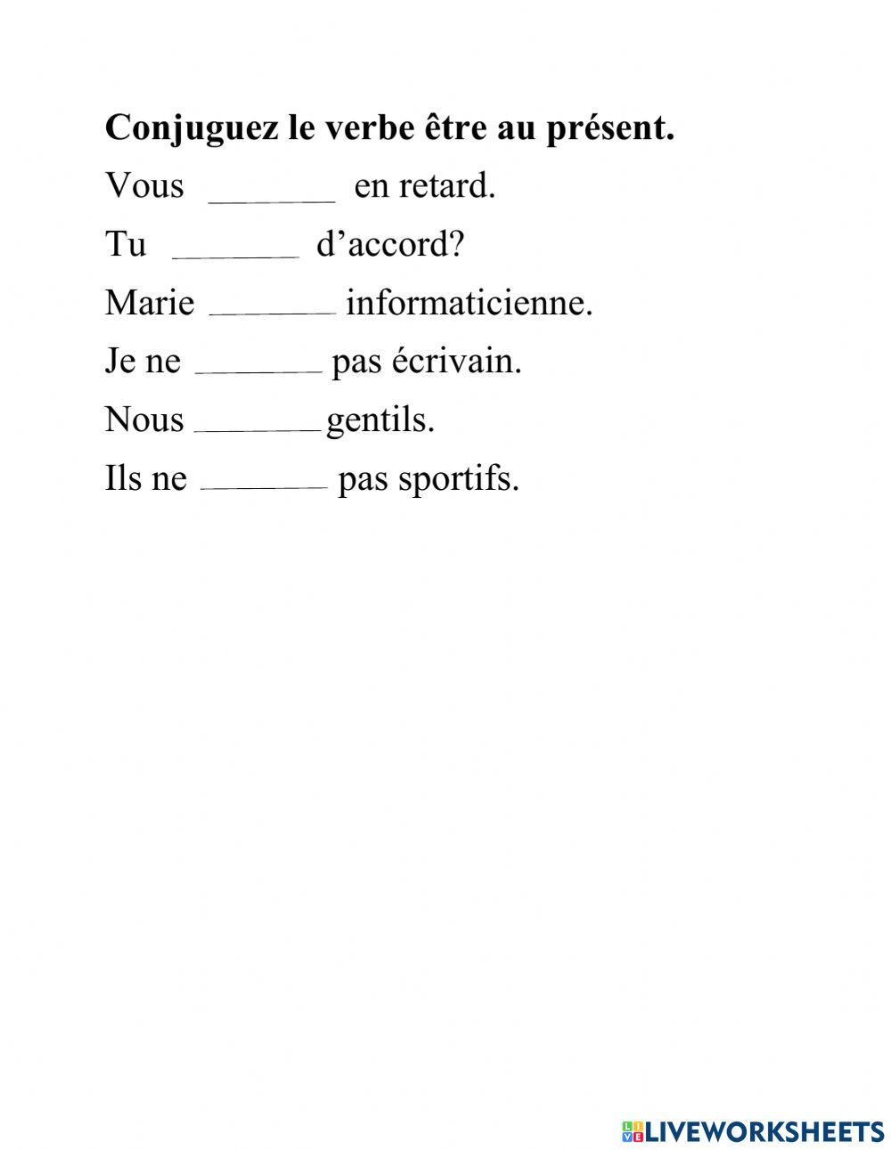 Grammaire- Le Verbe Être et Les Adectifs online exercise for | Live ...