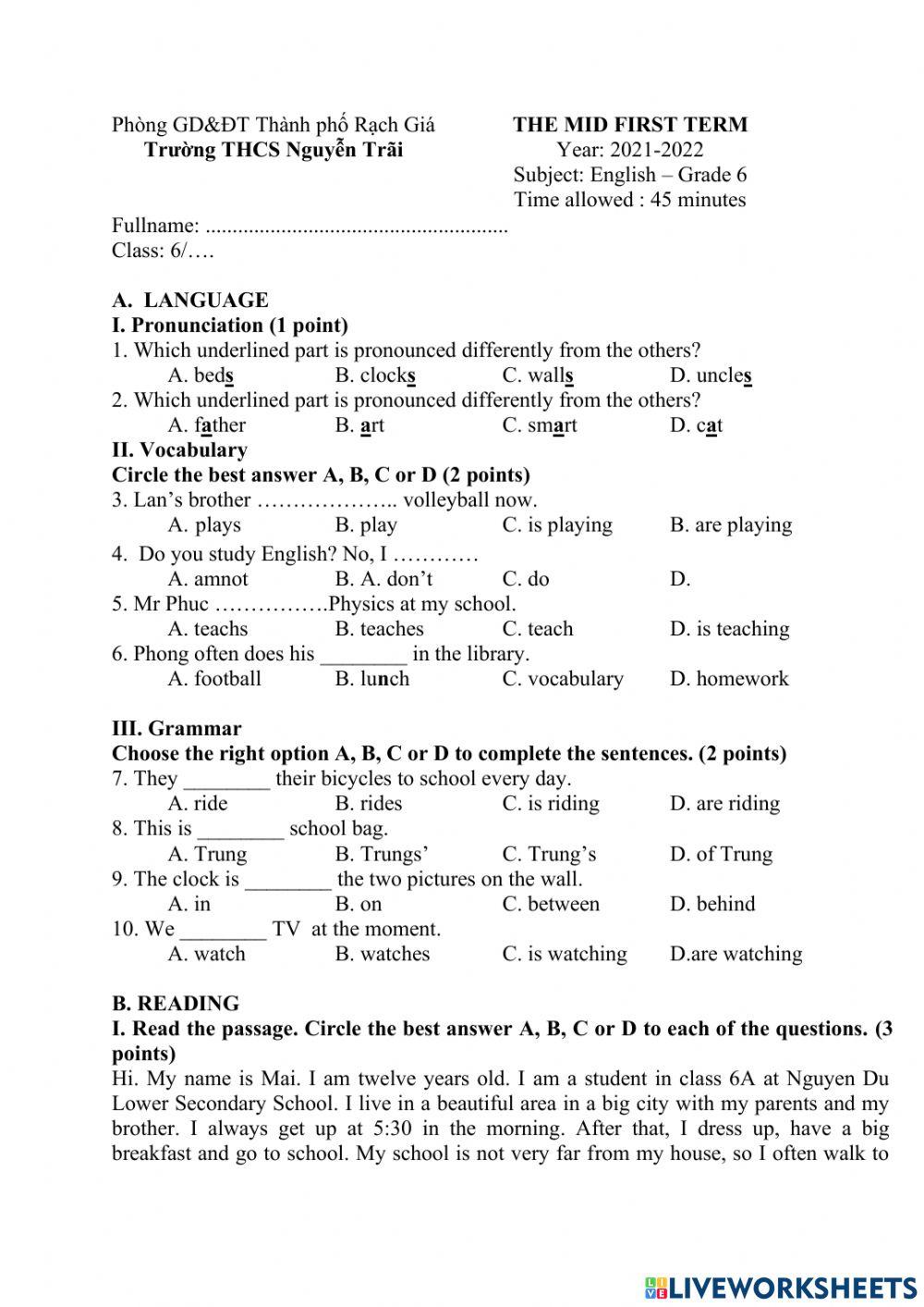 TEST 15 MINUTES GRADE 6 online exercise for | Live Worksheets