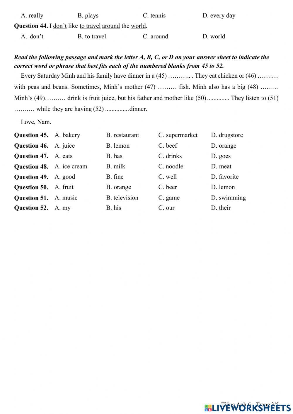 Grade 6 worksheet interactive exercise for 6 | Live Worksheets