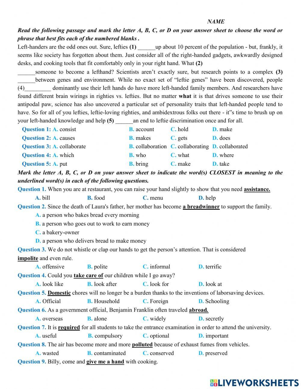 12.reading 5 worksheet | Live Worksheets