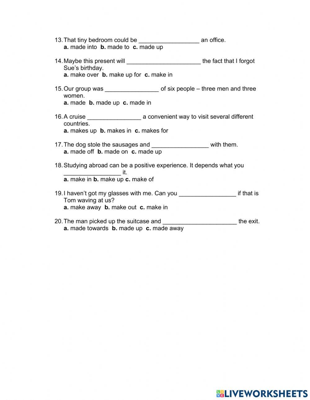 Phrasal Verbs-Make (Exercise 2) worksheet | Live Worksheets