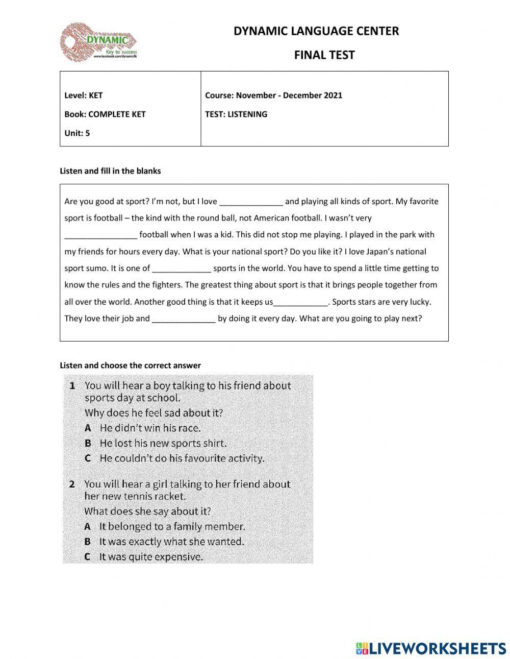 Complete ket - … | Free Interactive Worksheets | 1750670