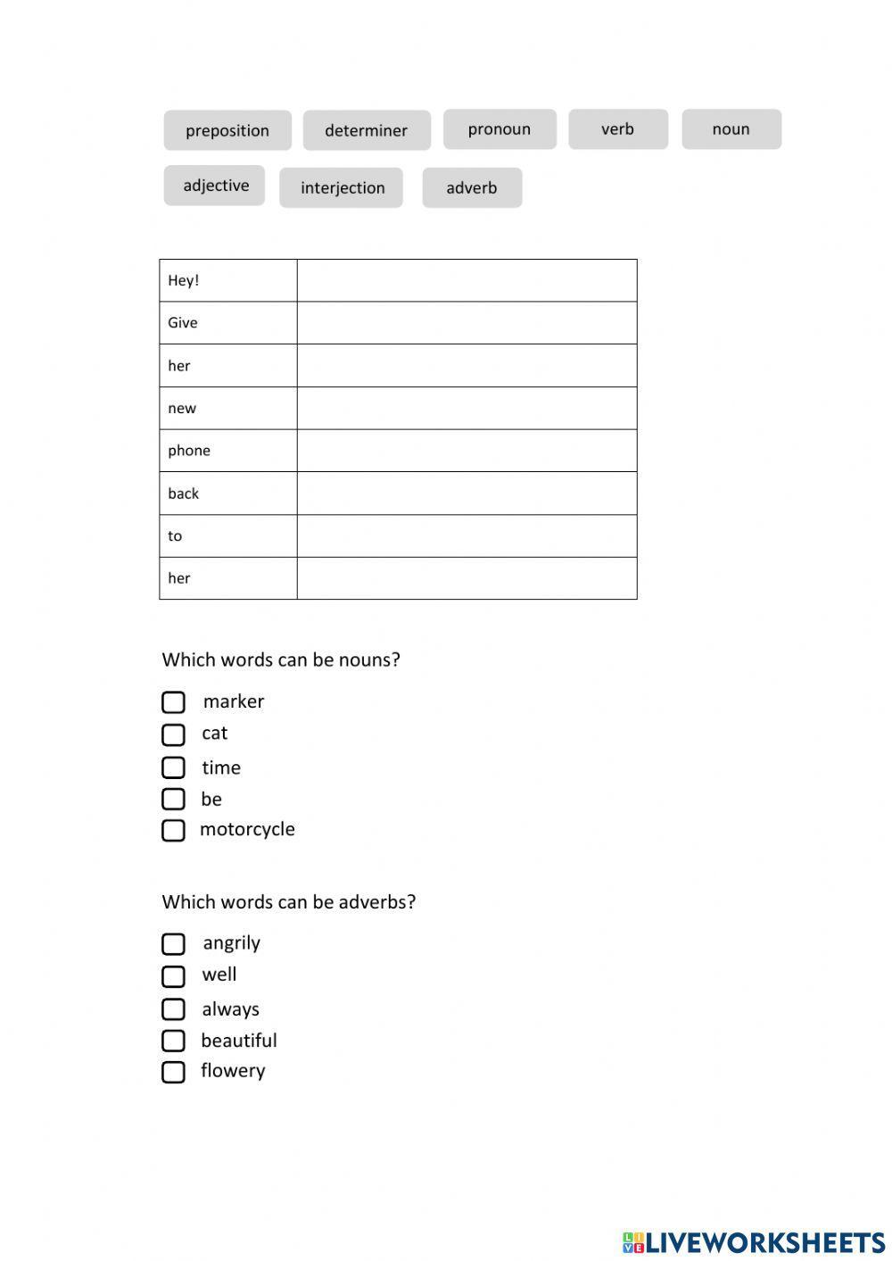 Part of Speech | Free Interactive Worksheets | 1751251
