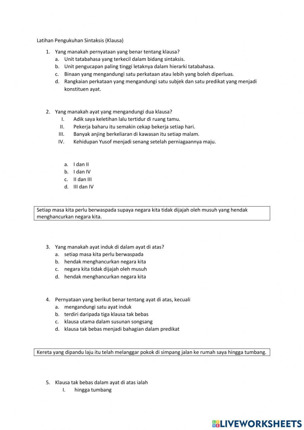 Sintaksis : Klausa worksheet | Live Worksheets