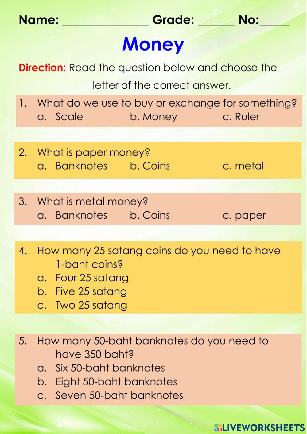 Money online exercise for Grade 2 | Live Worksheets
