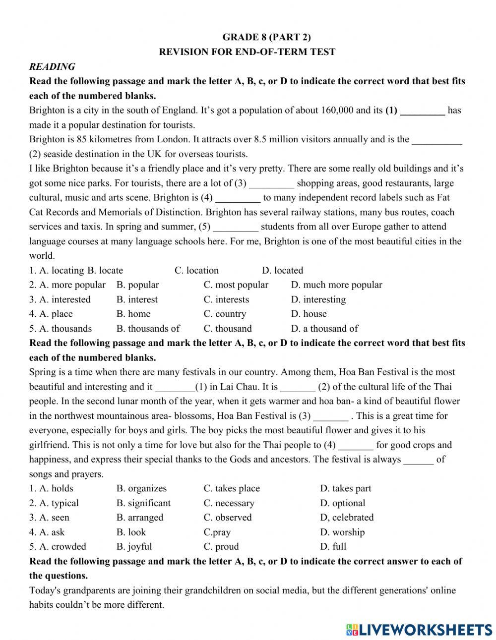 Grade 8- Đề cương 1 (part 2)- high level worksheet | Live Worksheets