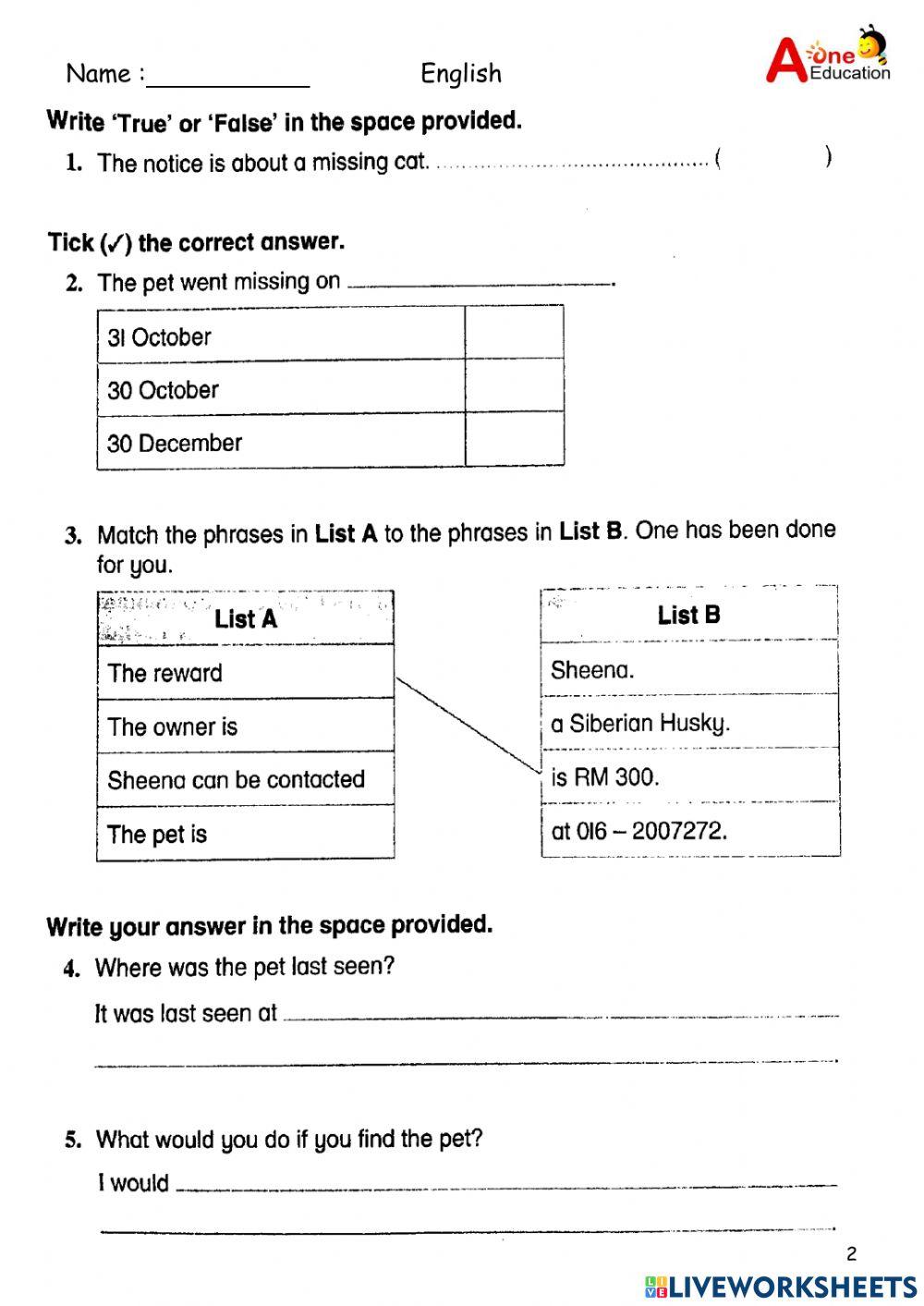 Std 3B ENG 170122 worksheet | Live Worksheets