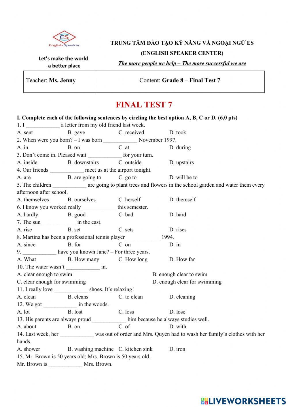 G8 - Final Test 7 - Term 1 worksheet | Live Worksheets