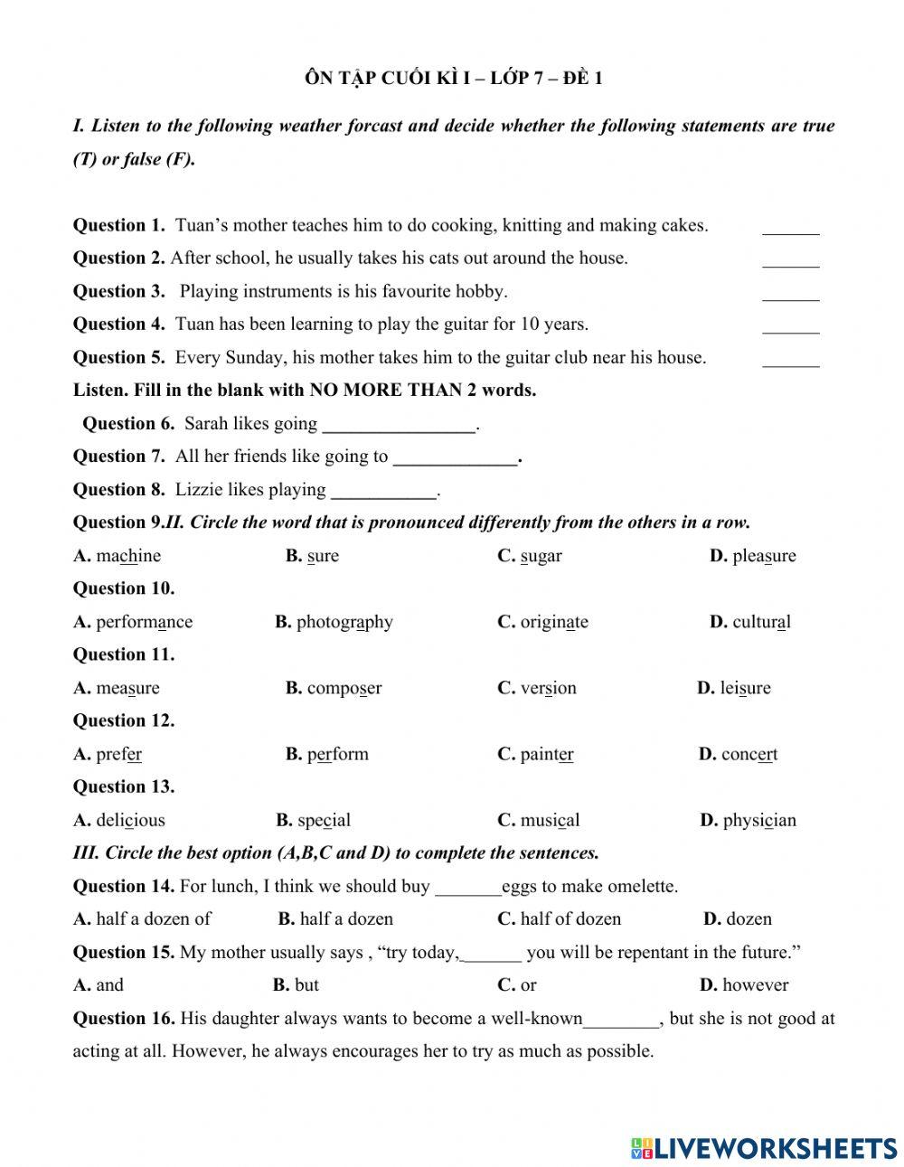 Ôn tập học kì I - lớp 7 (đề 1) worksheet | Live Worksheets