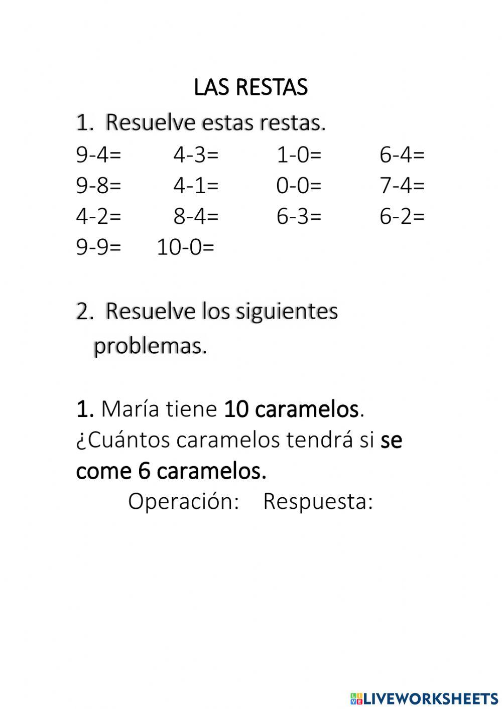 Las restas interactive worksheet | Live Worksheets
