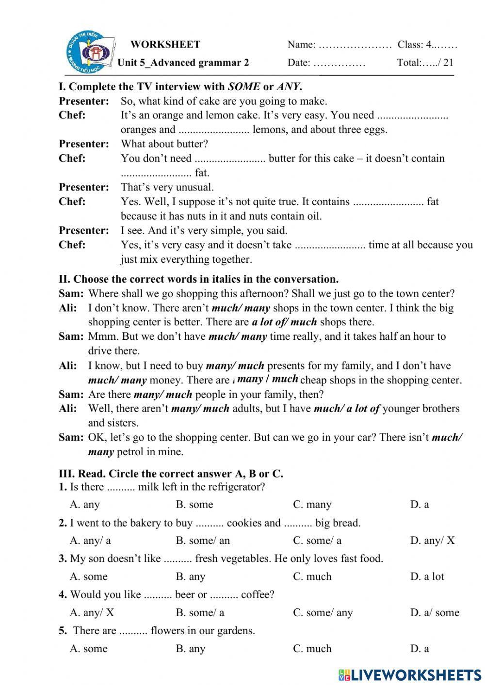 Some and any activity for 4 | Live Worksheets