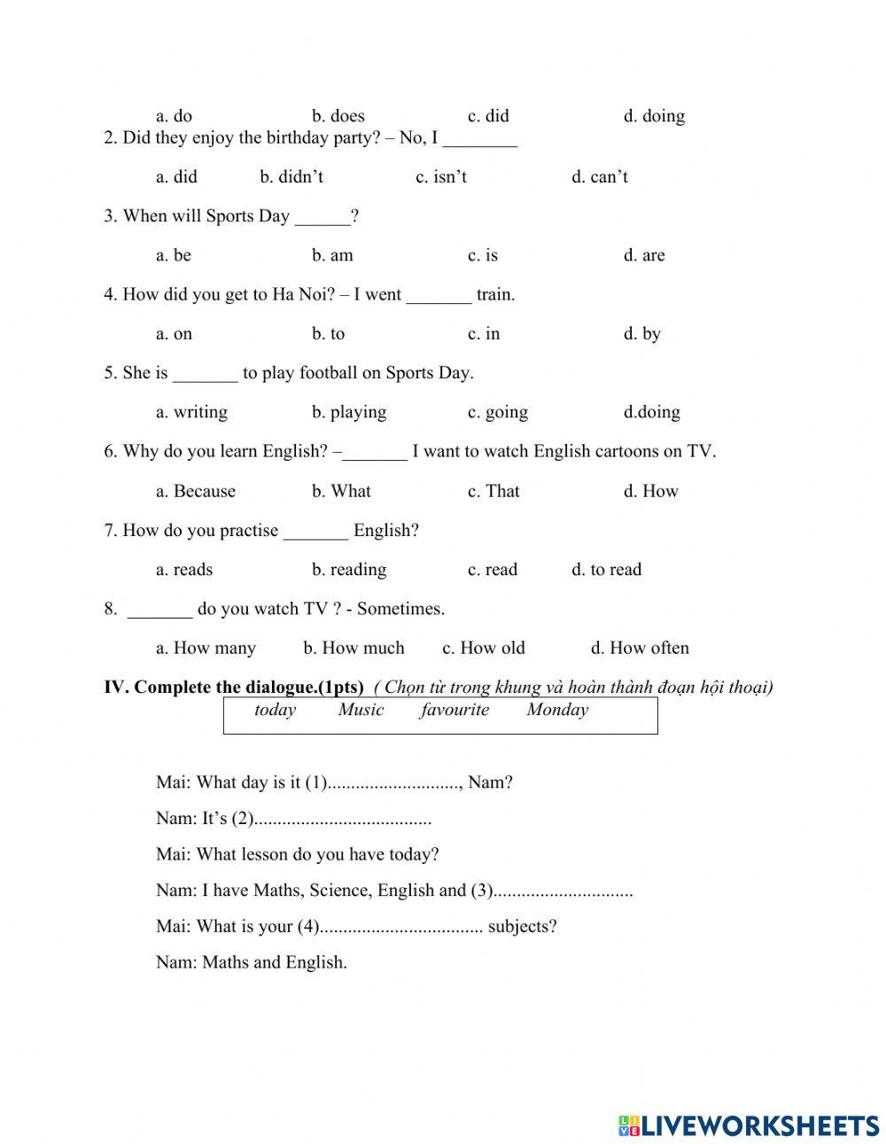 FINAL TEST 2 - ENGLISH 5 online exercise for | Live Worksheets