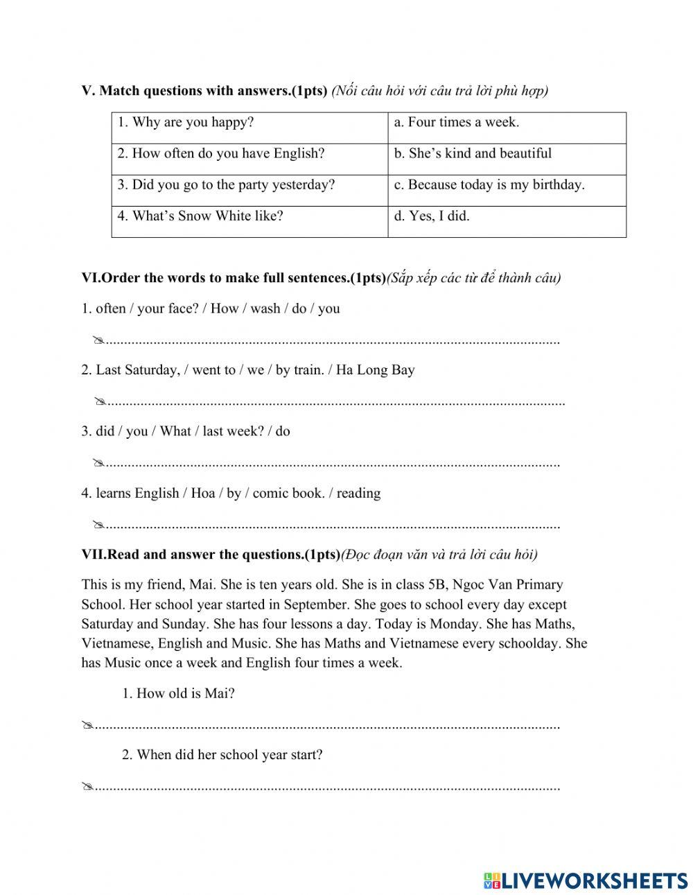 FINAL TEST 2 - ENGLISH 5 online exercise for | Live Worksheets