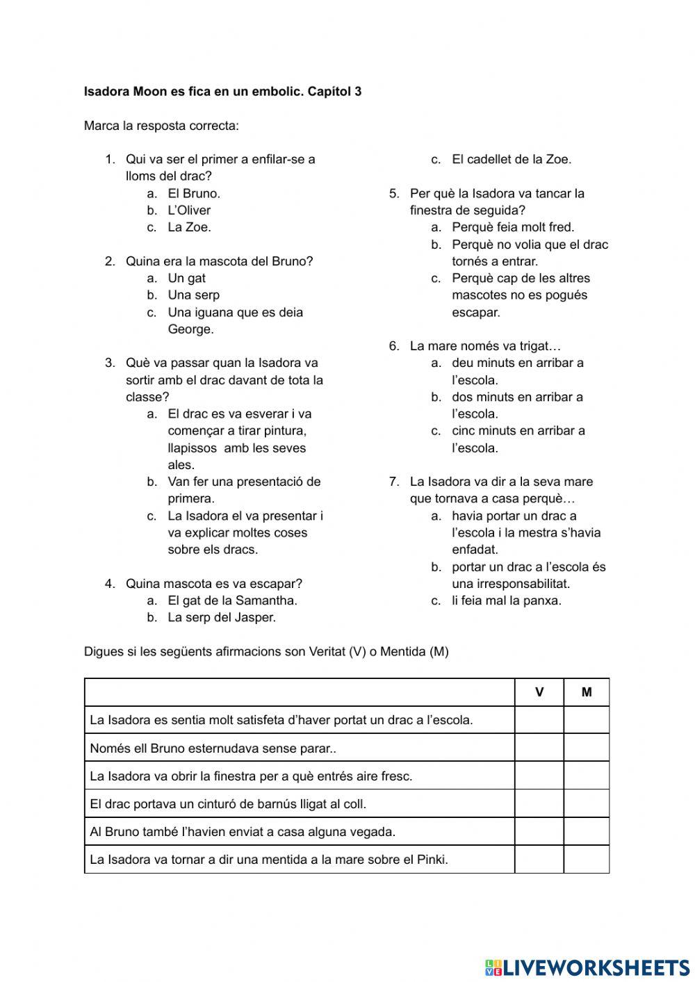 Isadora Moon - es fica en un embolic Cap 3 worksheet | Live Worksheets