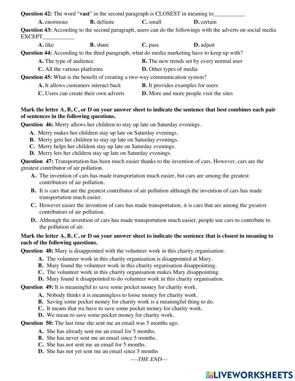 The 1st final sample test - grade 10 worksheet | Live Worksheets