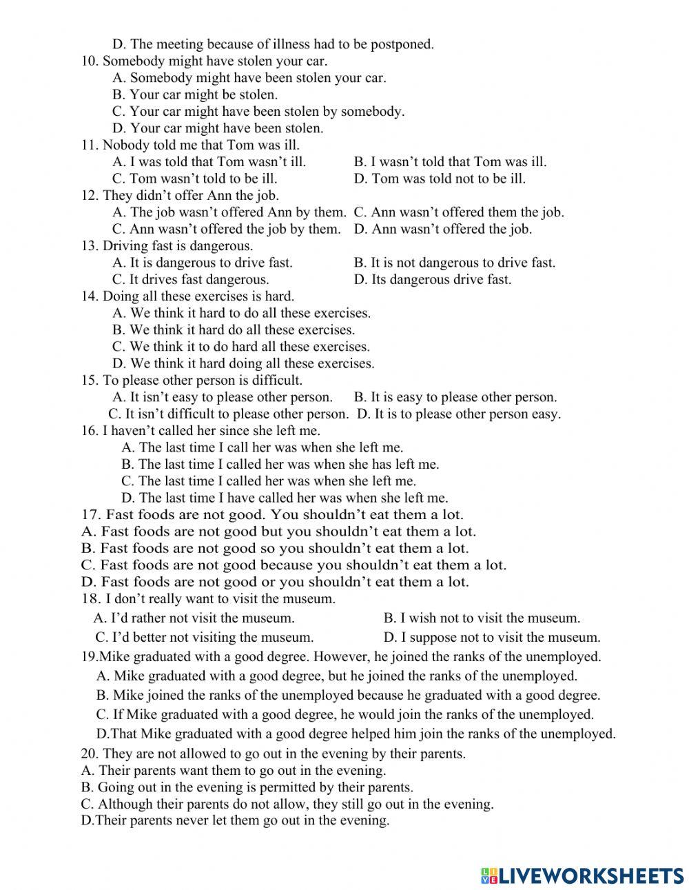 Pdf online worksheet: Sentence transformation | Live Worksheets