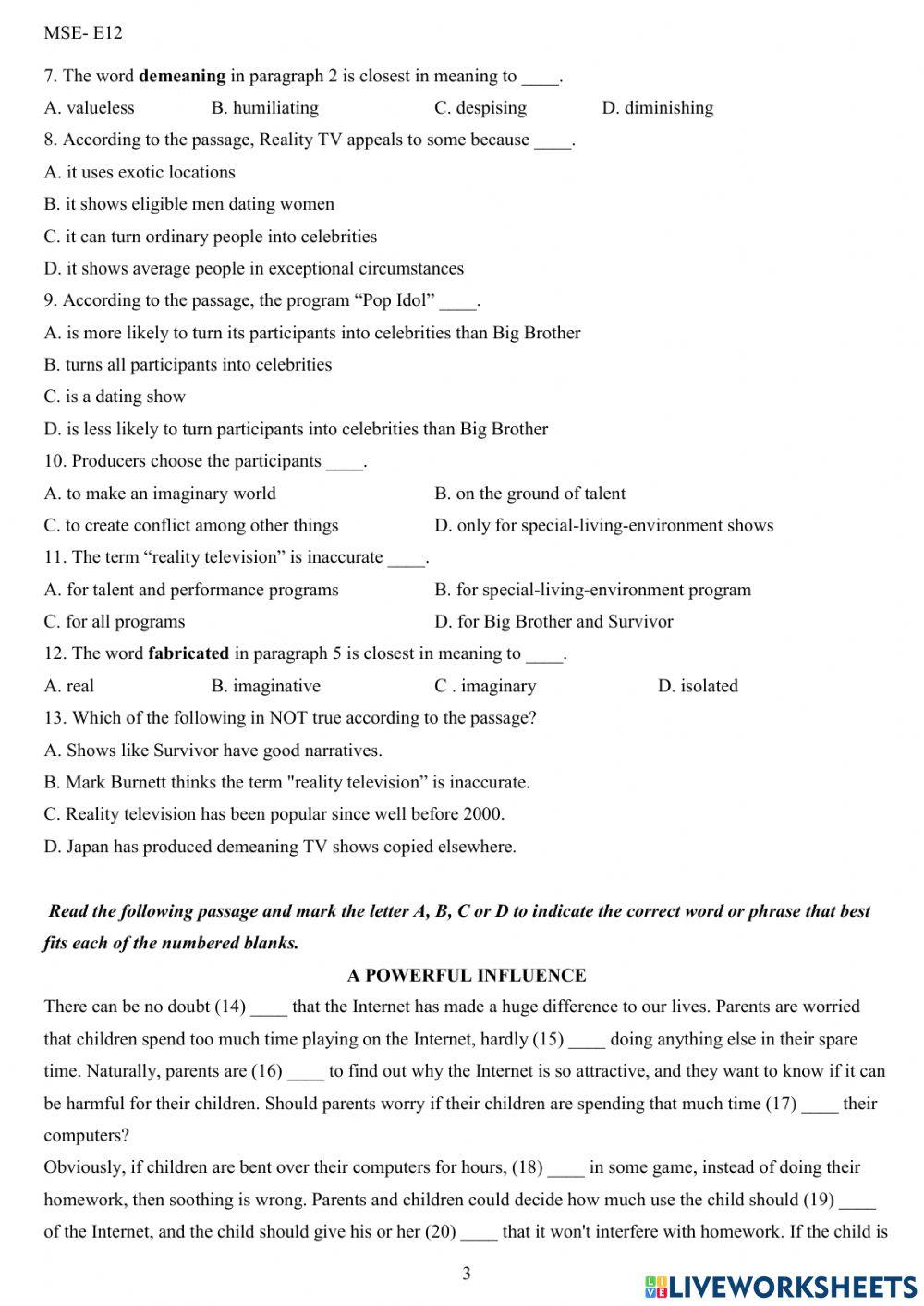 Revision online exercise for GRADE 12 | Live Worksheets