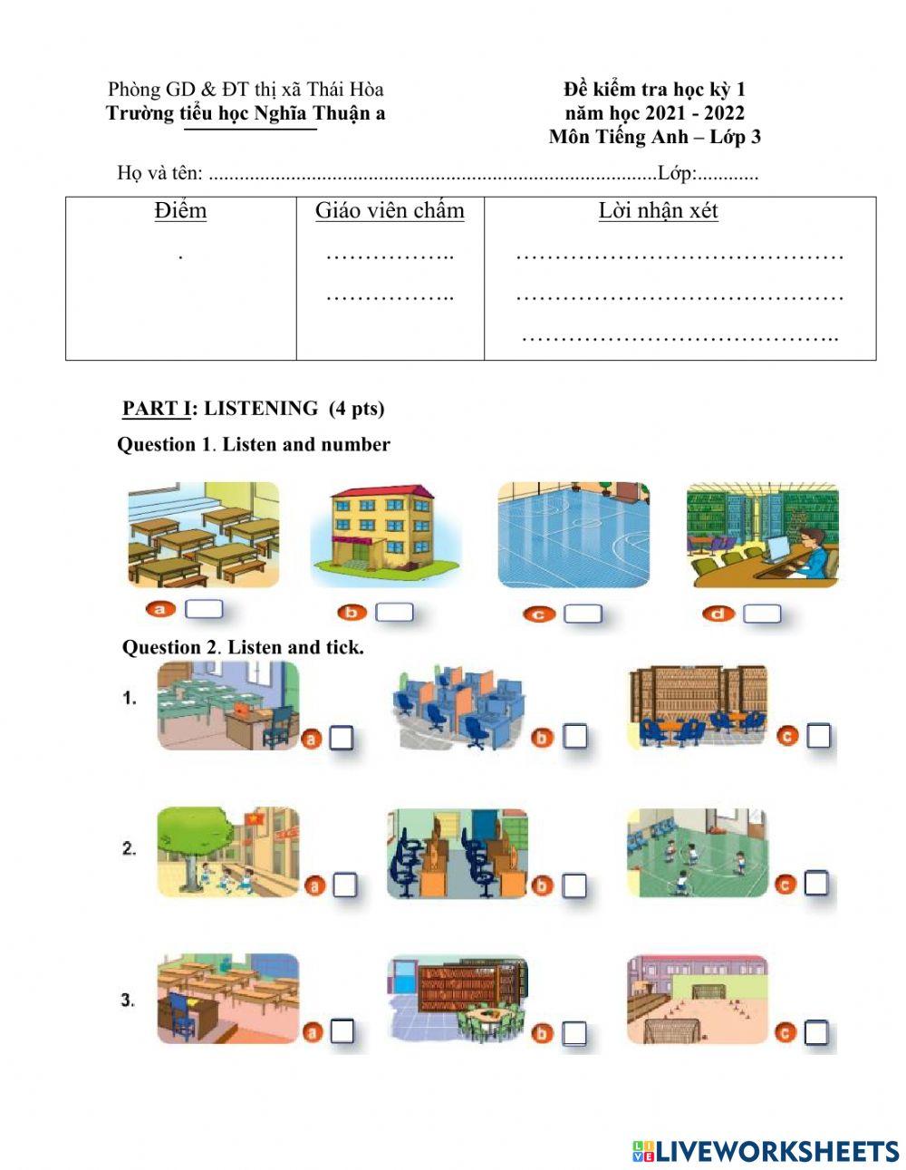 bài kiểm tra tiếng anh lớp 3 hk 1 (file nghe) online exercise for ...