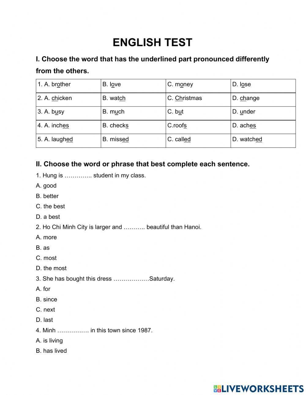 English Test | Free Interactive Worksheets | 4107913