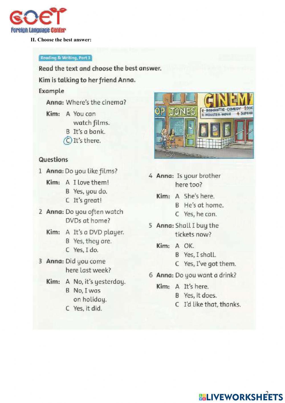 PRE MOVERS TEST 3 online exercise for | Live Worksheets