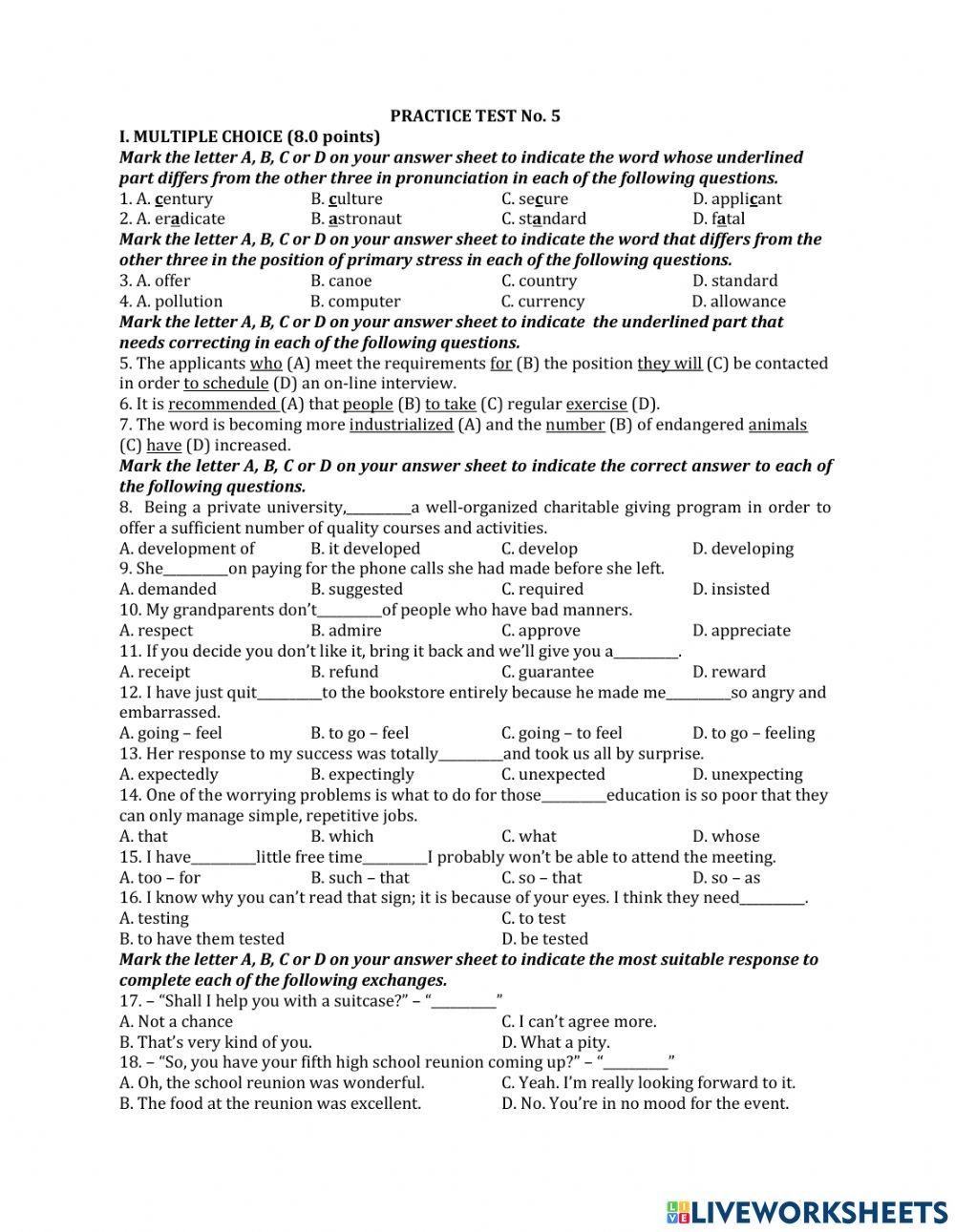 GR9.Practice test 5-6.(Basic) worksheet | Live Worksheets