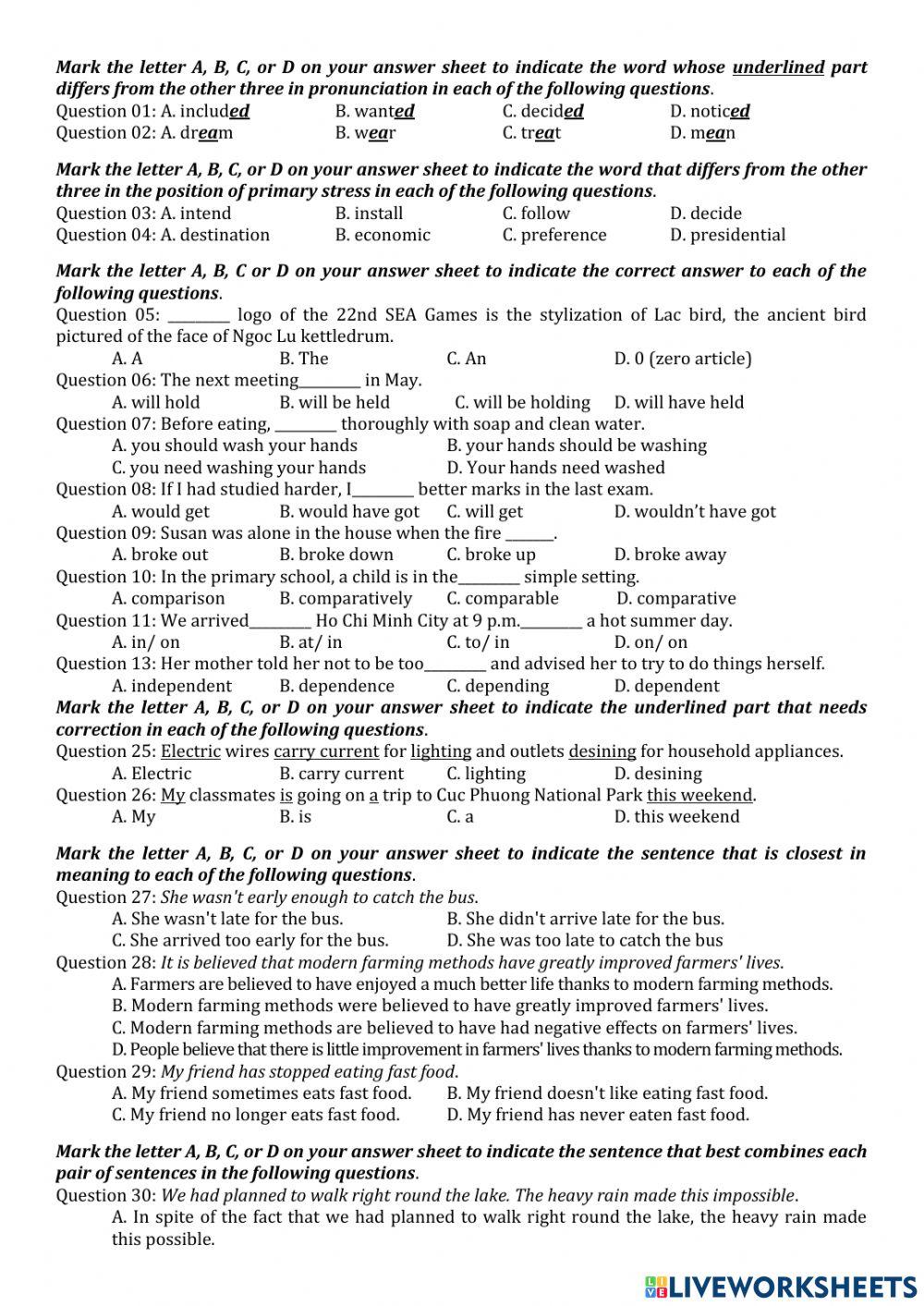 Dt 12 on thi tn thpt 26.12 worksheet | Live Worksheets