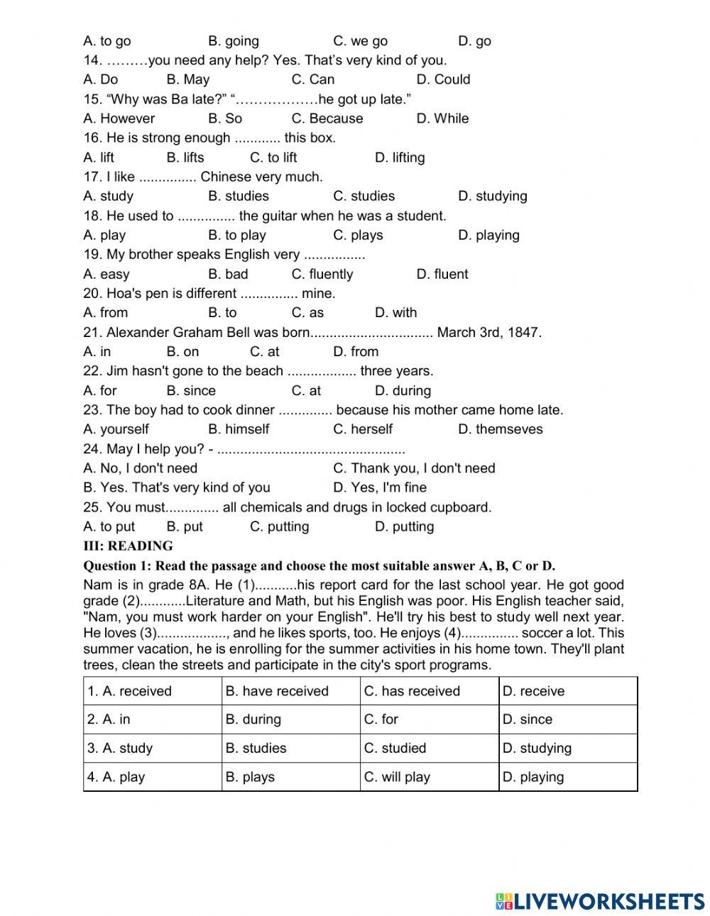 Grade 8 test worksheet | Live Worksheets