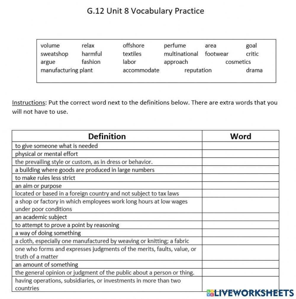 G12-Vocabulary-Unit-8 online exercise for | Live Worksheets