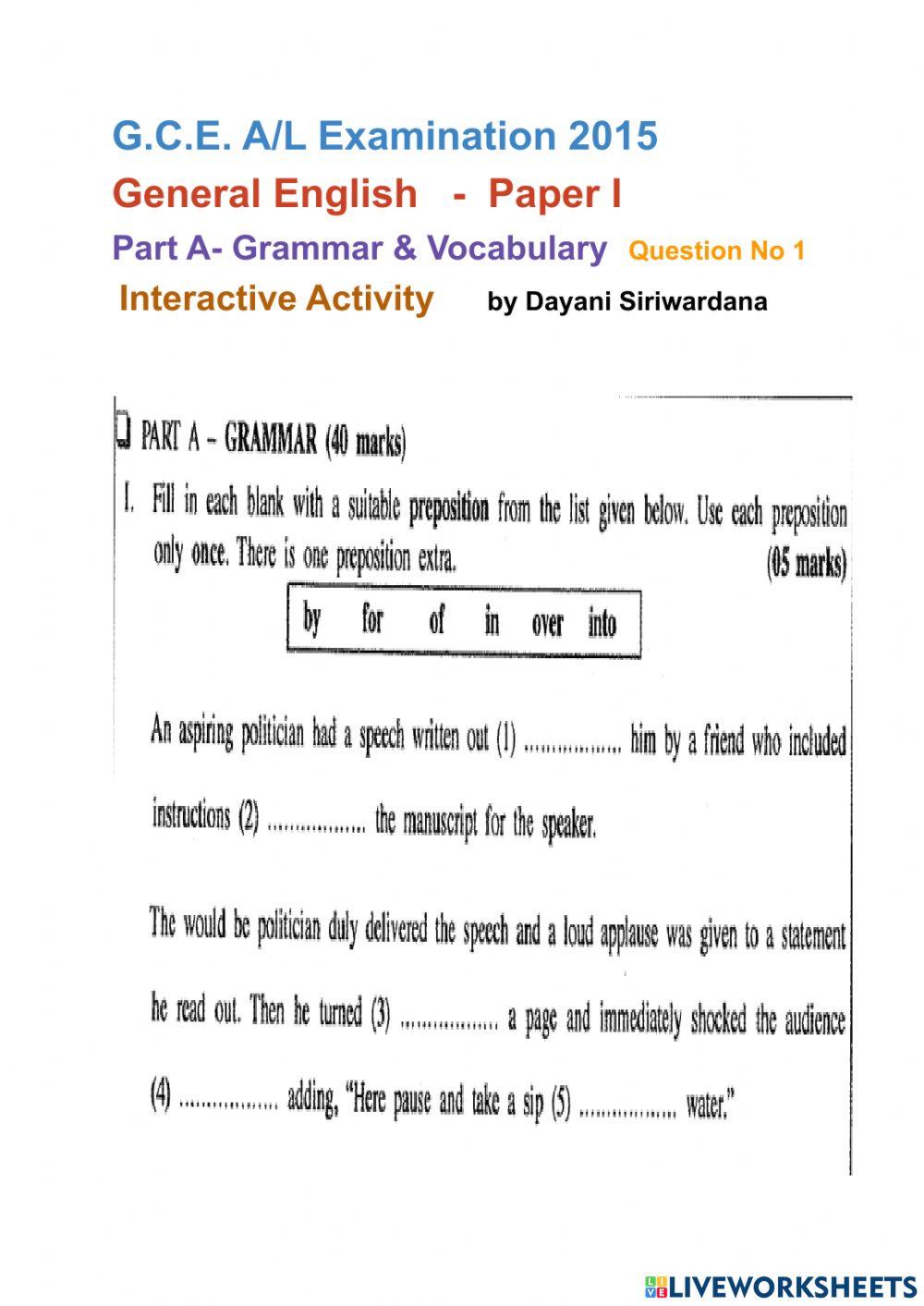 G.C.E. A-L Examination - Paper 1 -Part A - Question No 01 online ...