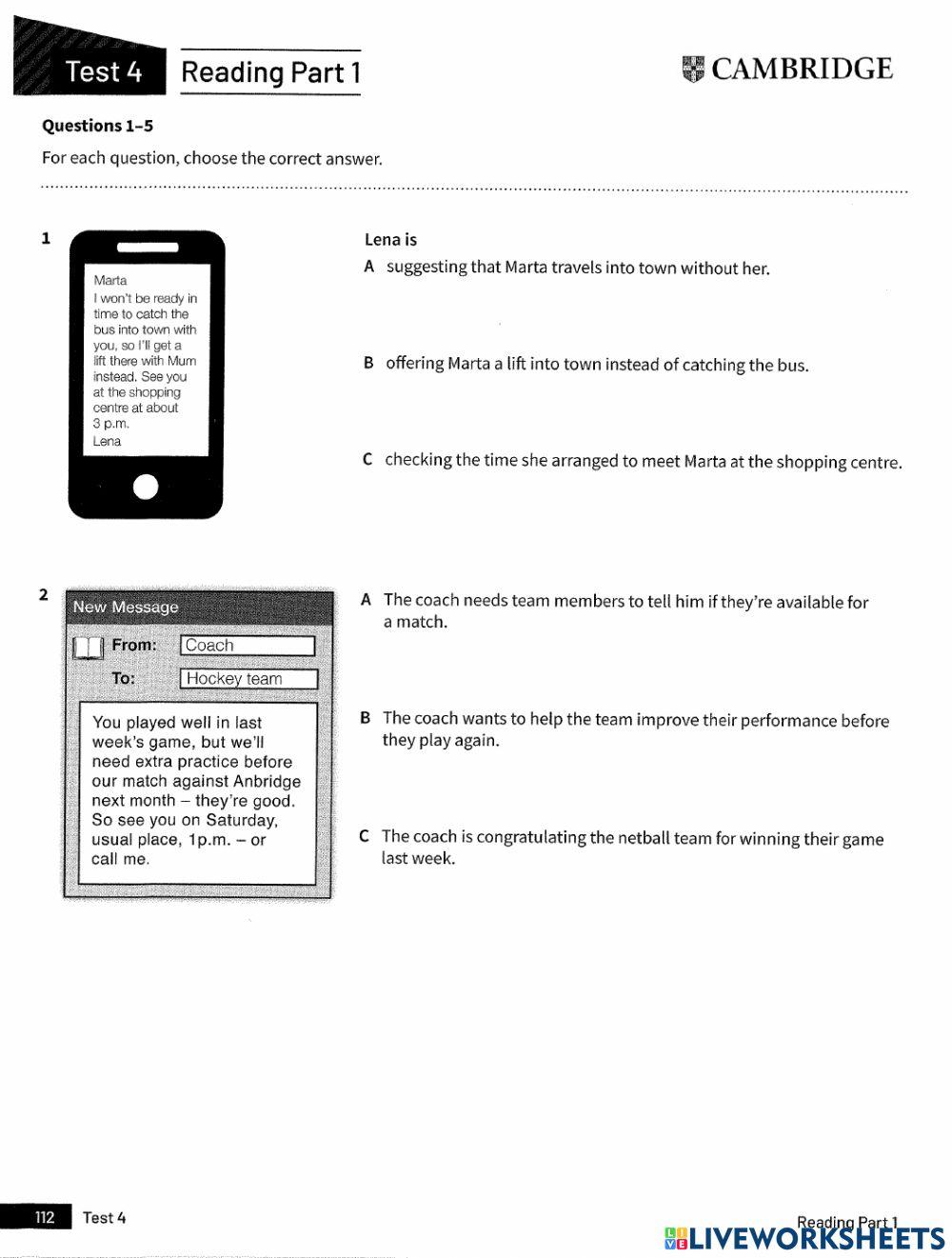 B1 - PET Trainer 2020-reading-test 4 | petpart4 | Live