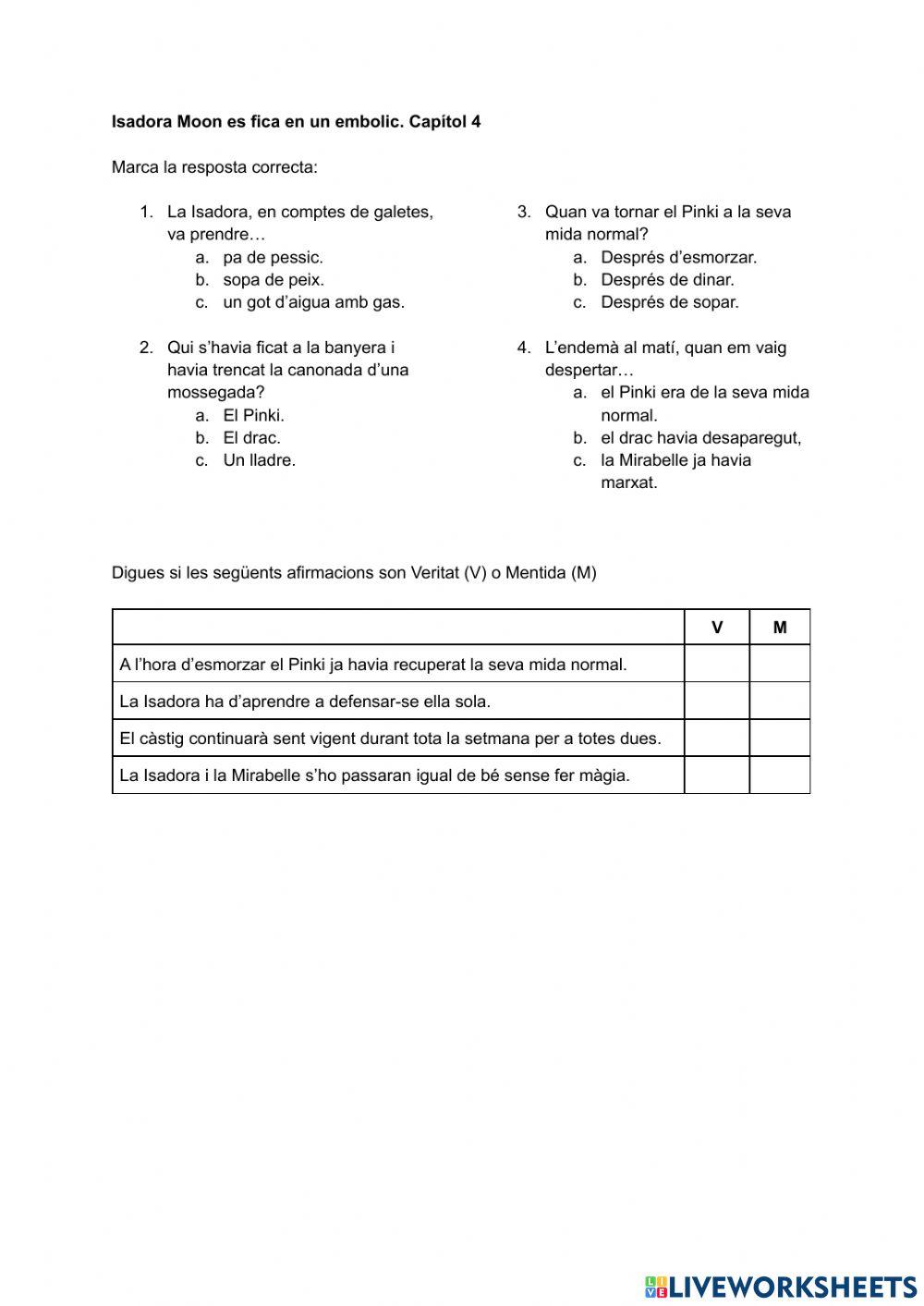 Isadora Moon es fica en un embolic. Capítol 4 worksheet | Live Worksheets