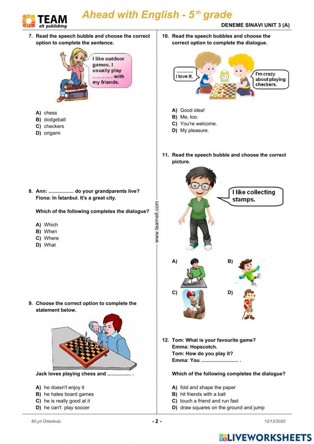 unit 3 Games and Hobbies for 5 th grade online exercise for | Live Worksheets