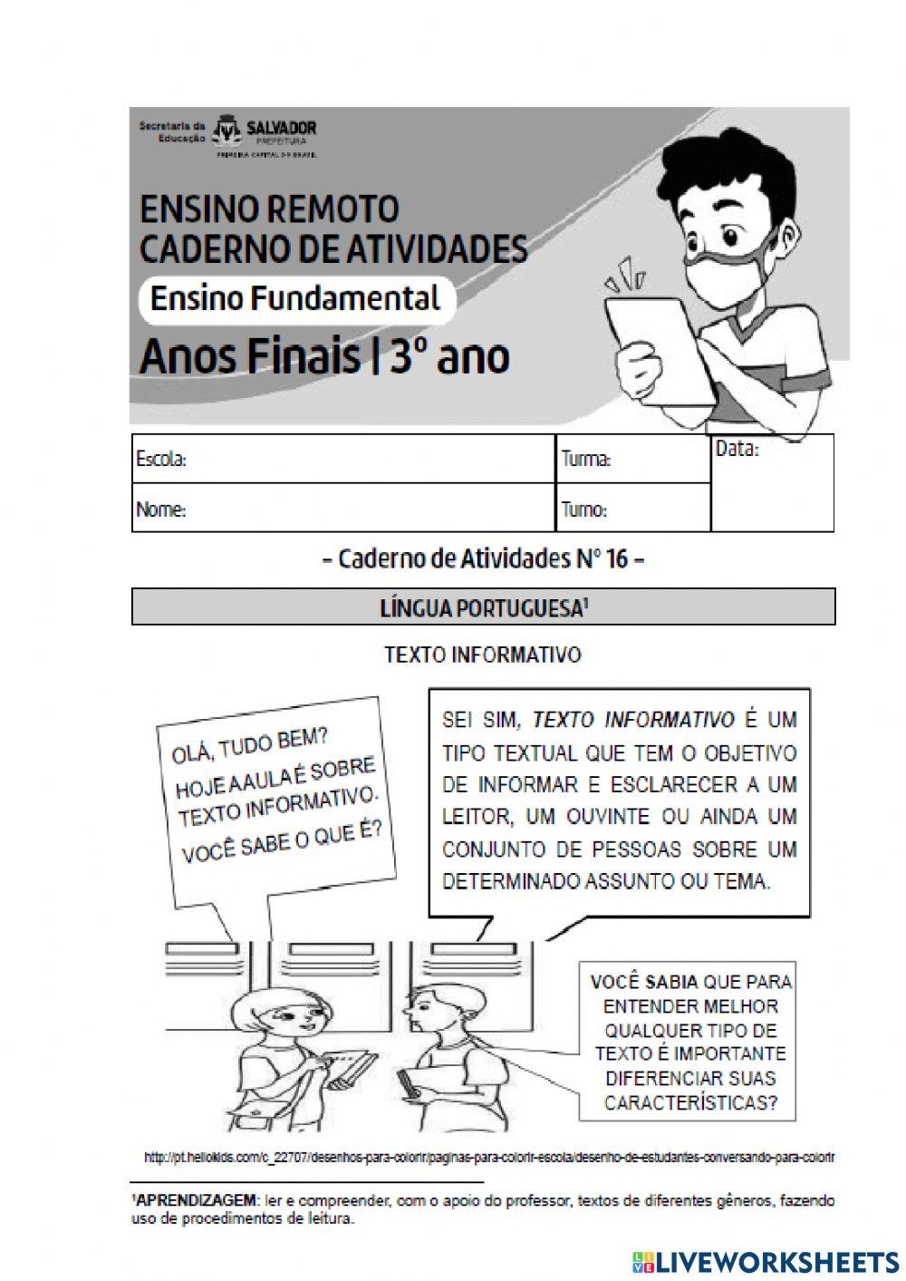 Caderno 16 parte 1 worksheet | Live Worksheets