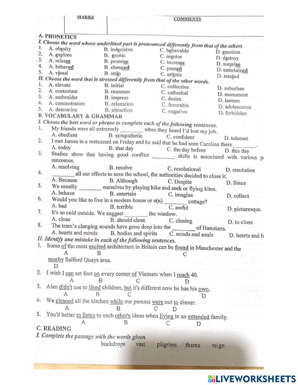 Final first test grade 9 worksheet | Live Worksheets