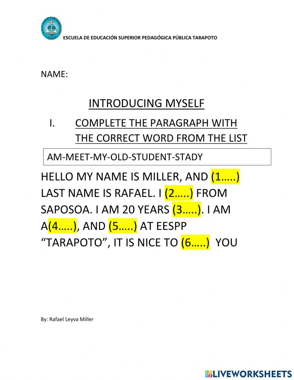 Introducing Myself Interactive Worksheet For Basic Live Worksheets