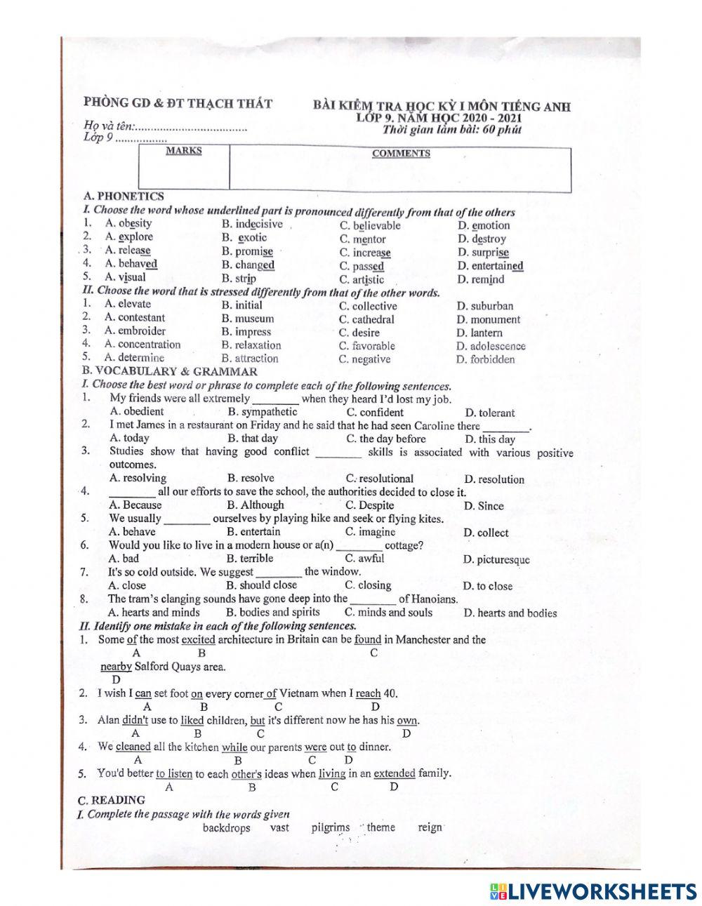 Final first test- grade 9 (20-21) worksheet | Live Worksheets