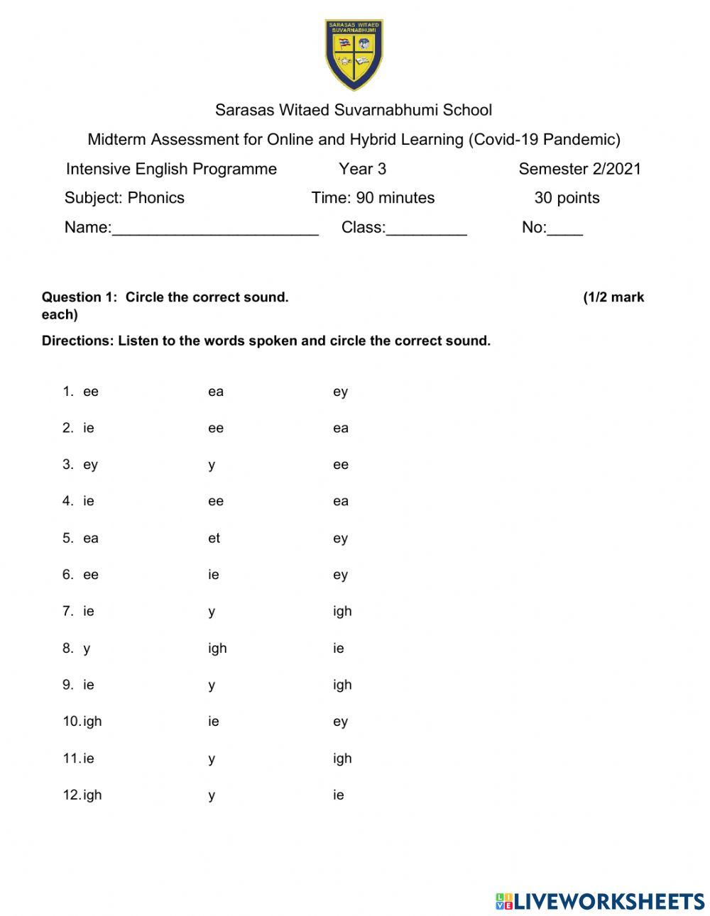 Phonics midterm online exercise for | Live Worksheets