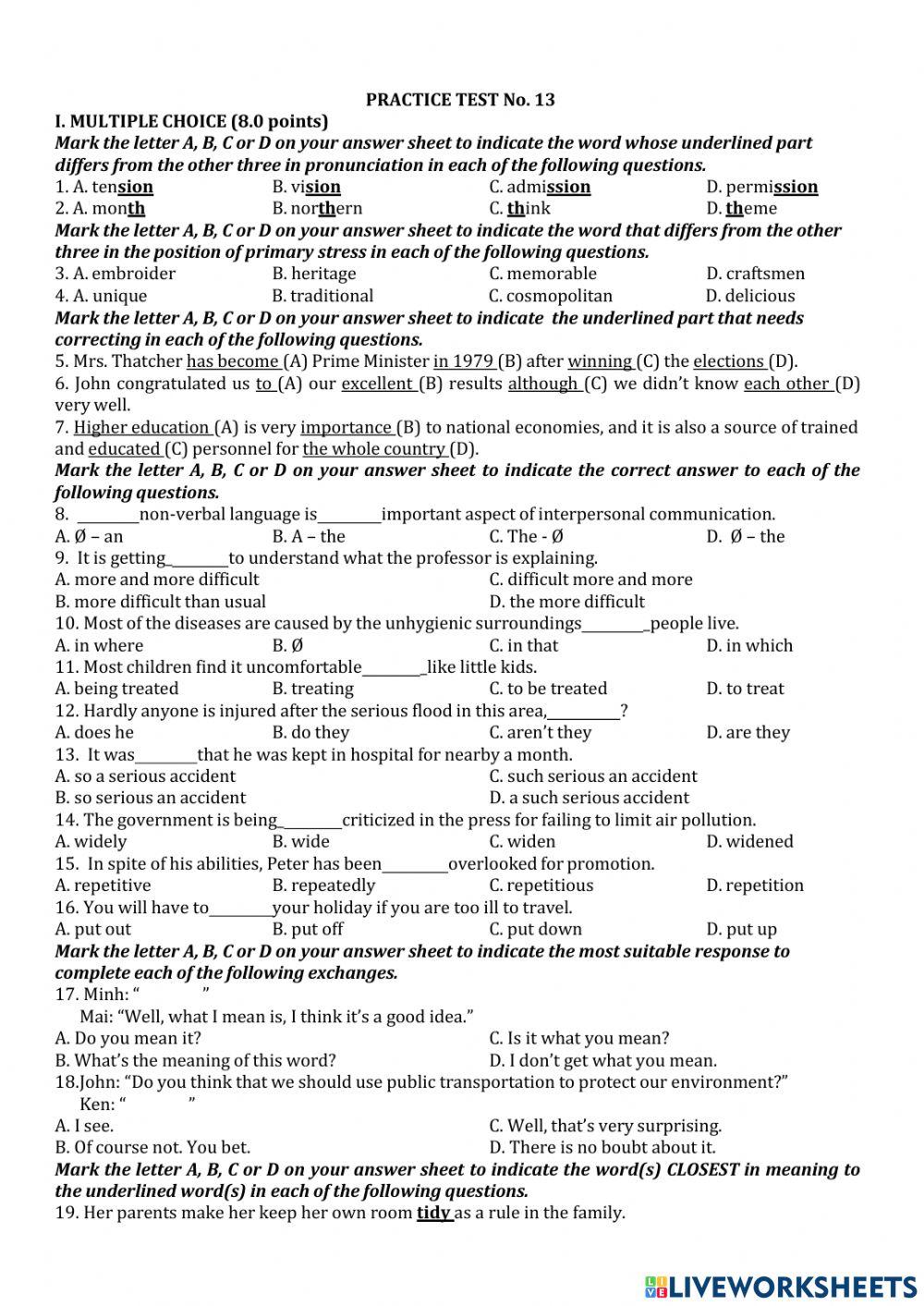 GR9.Practice test 13-14.(Basic) worksheet | Live Worksheets