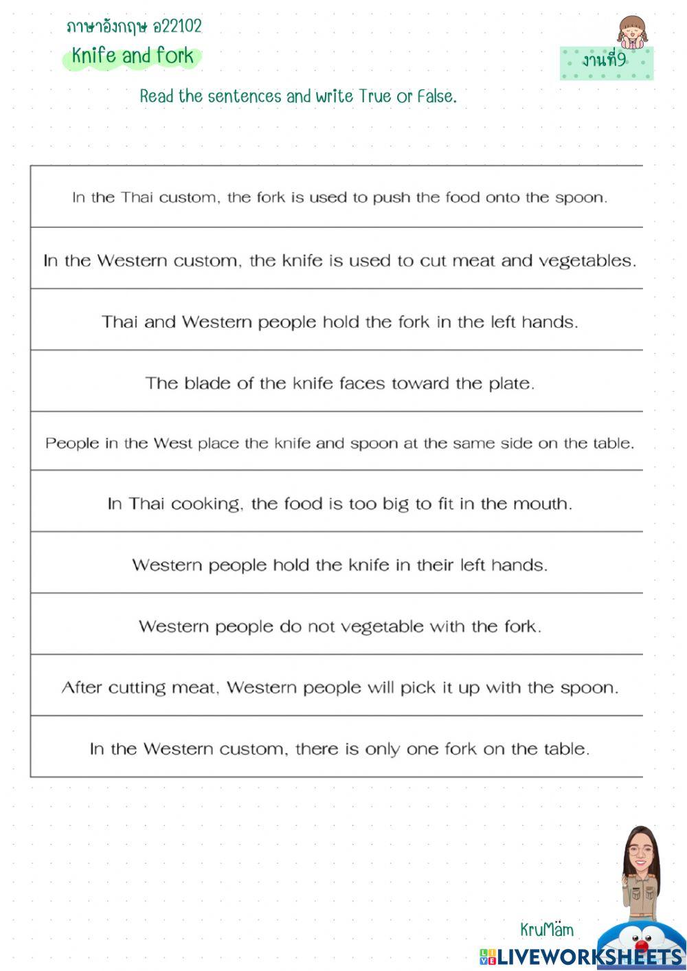 Knife and fork m2-9 worksheet | Live Worksheets