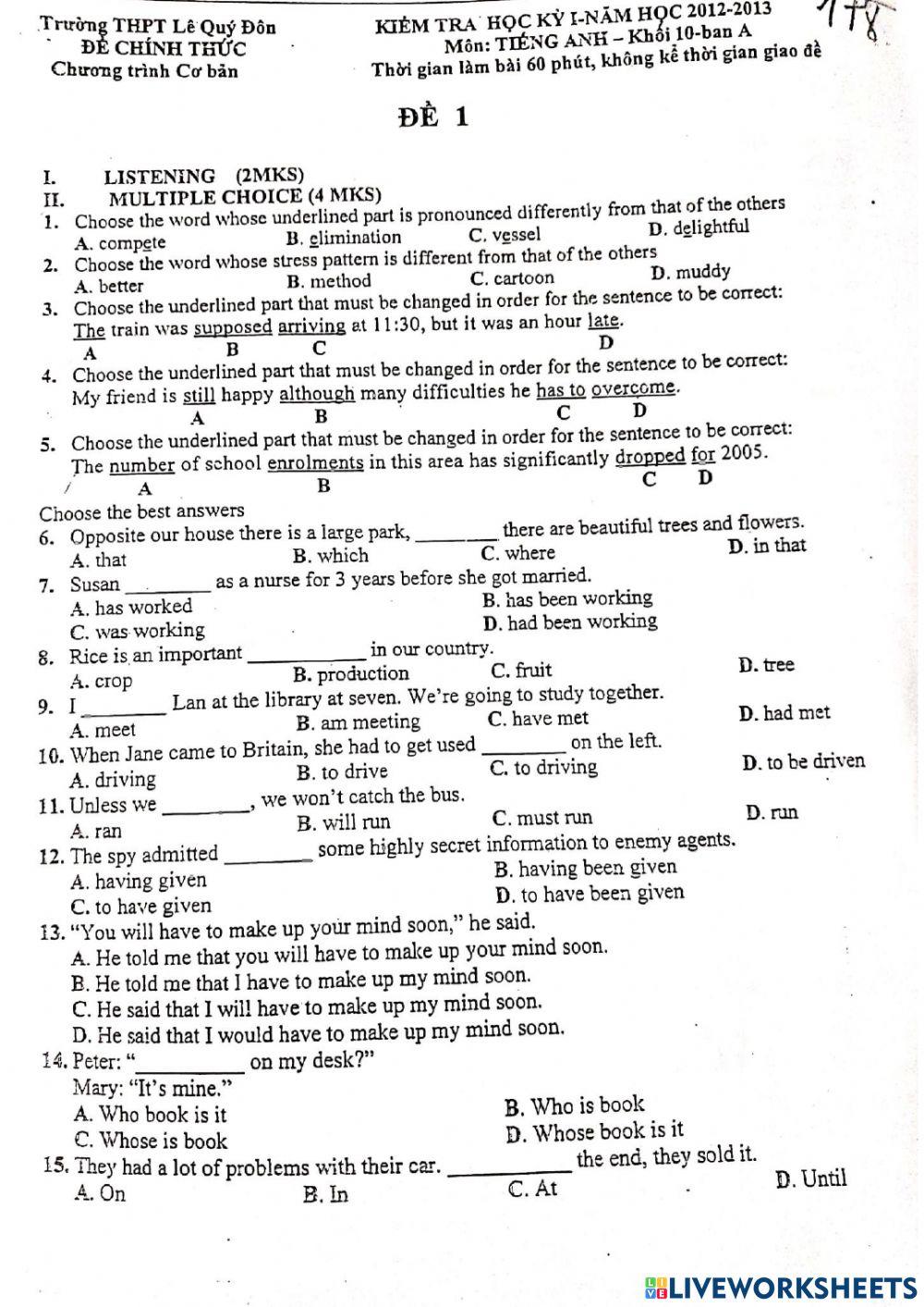 TEST 2 - K10 online exercise for | Live Worksheets