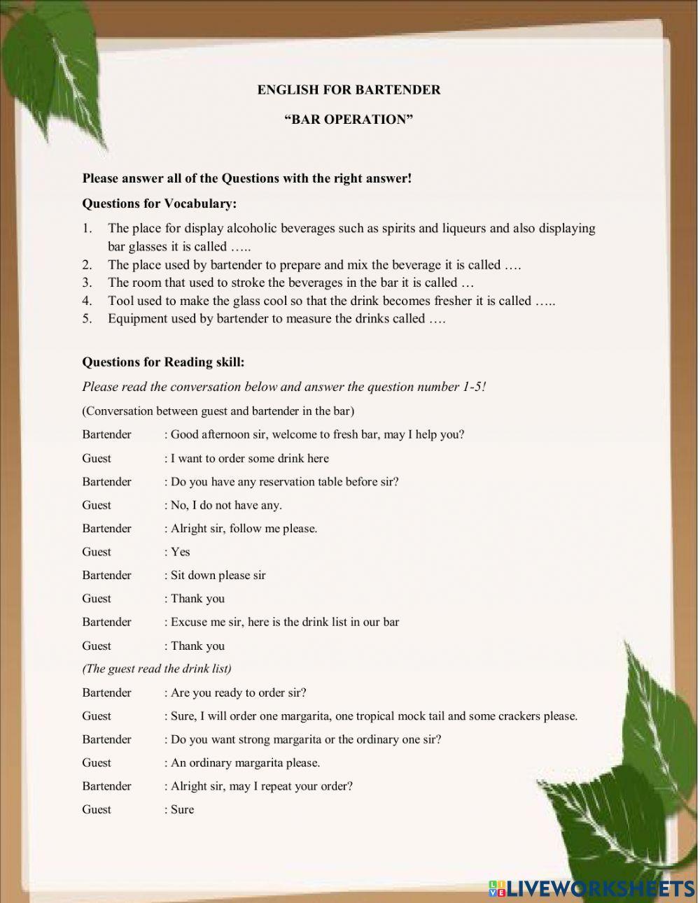 Bar Operation | Free Interactive Worksheets | 1756450