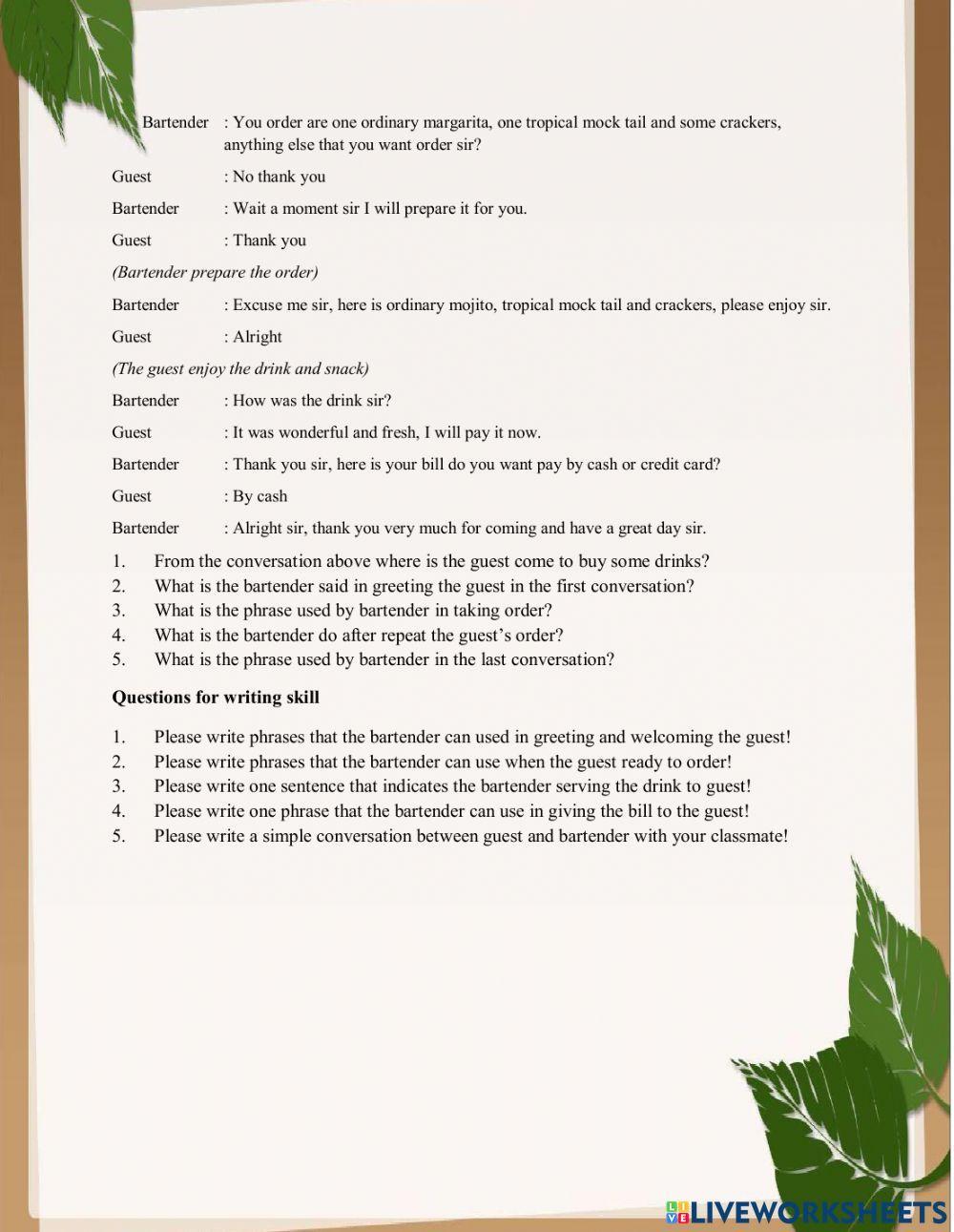 Bar Operation | Free Interactive Worksheets | 1756450